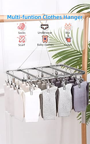 TOWOOZ Clothes Drying Rack with Clips, Stainless Steel Durable Clip and Drip Hanger Windproof Clothes Hanger Rack for Socks/Bras/Underwear/Towels, Portable Laundry Drying Rack (28 Clips, Silver)