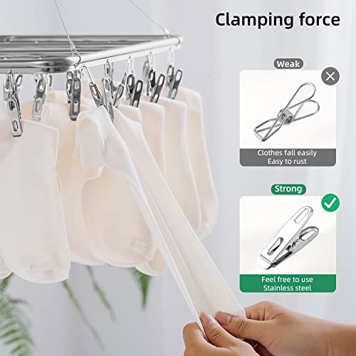 TOWOOZ Clothes Drying Rack with Clips, Stainless Steel Durable Clip and Drip Hanger Windproof Clothes Hanger Rack for Socks/Bras/Underwear/Towels, Portable Laundry Drying Rack (28 Clips, Silver)