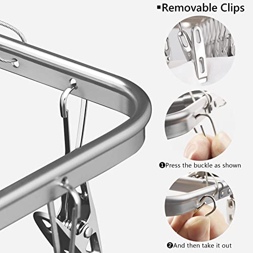 TOWOOZ Clothes Drying Rack with Clips, Stainless Steel Durable Clip and Drip Hanger Windproof Clothes Hanger Rack for Socks/Bras/Underwear/Towels, Portable Laundry Drying Rack (28 Clips, Silver)