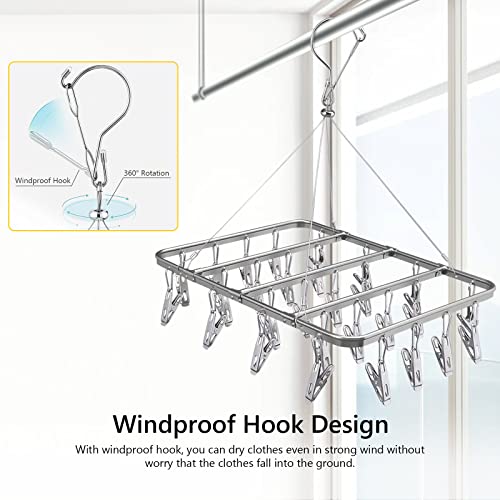 TOWOOZ Clothes Drying Rack with Clips, Stainless Steel Durable Clip and Drip Hanger Windproof Clothes Hanger Rack for Socks/Bras/Underwear/Towels, Portable Laundry Drying Rack (28 Clips, Silver)