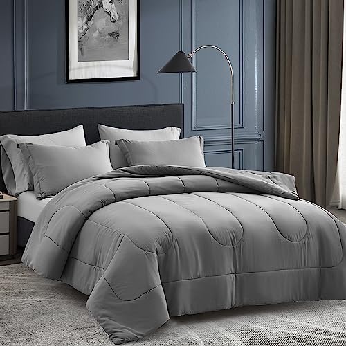 Maple&Stone Queen Size Comforter Set 7 Pieces Bed in a Bag - Down Alternative Bed Set with Sheets, Pillowcases & Shams, Soft Reversible Duvet Insert for Queen Bed, Dark Grey & Light Grey