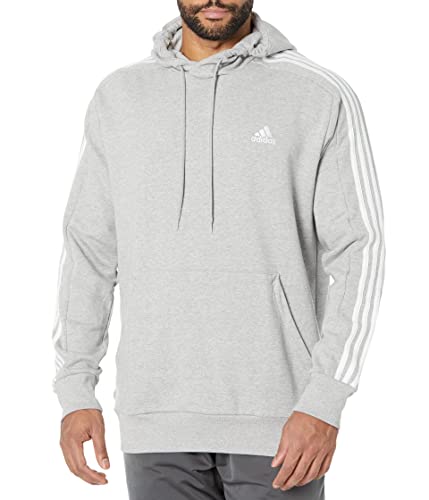 adidas Men's Essentials French Terry 3-Stripes Hoodie, Medium Grey Heather/White