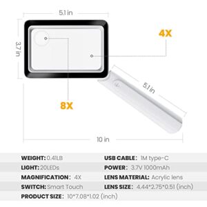 ANBULL 4X 8X Rechargeable Magnifying Glass with Light, 20 Anti-Glare Dimmable LEDs, Handheld 4.5''*2.7'' Rectangular Page Lighted Magnifying Glass for Close Work, Seniors Reading, Low Vision