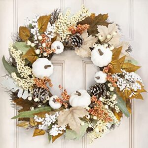 fall decor - fall wreaths for front door - 18 inch autumn maples leaf pumpkin pine cone berry wreath - fall decorations for thanksgiving halloween farmhouse harvest home outdoor indoor window wall