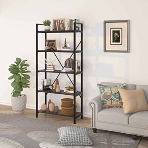 FATORRI 5 Tier Industrial Bookshelf, Rustic Open Bookcase for Display, Dark Wood and Metal Shelving Unit and Tall Book Shelves for Home Office (Walnut Brown)