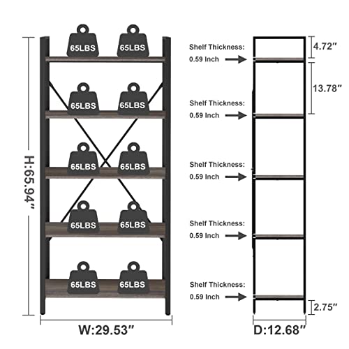 FATORRI 5 Tier Industrial Bookshelf, Rustic Open Bookcase for Display, Dark Wood and Metal Shelving Unit and Tall Book Shelves for Home Office (Walnut Brown)