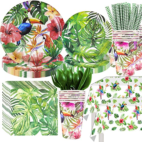 FVABO Hawaiian Luau Party Supplies Tableware - Aloha Tropical Party Dinnerware Include Plates, Cups, Napkins, Cutlery, Tablecloth, Straws, For Hawaiian Theme Birthday Party Decorations | Serves 24