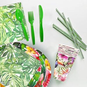 FVABO Hawaiian Luau Party Supplies Tableware - Aloha Tropical Party Dinnerware Include Plates, Cups, Napkins, Cutlery, Tablecloth, Straws, For Hawaiian Theme Birthday Party Decorations | Serves 24