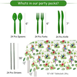 FVABO Hawaiian Luau Party Supplies Tableware - Aloha Tropical Party Dinnerware Include Plates, Cups, Napkins, Cutlery, Tablecloth, Straws, For Hawaiian Theme Birthday Party Decorations | Serves 24