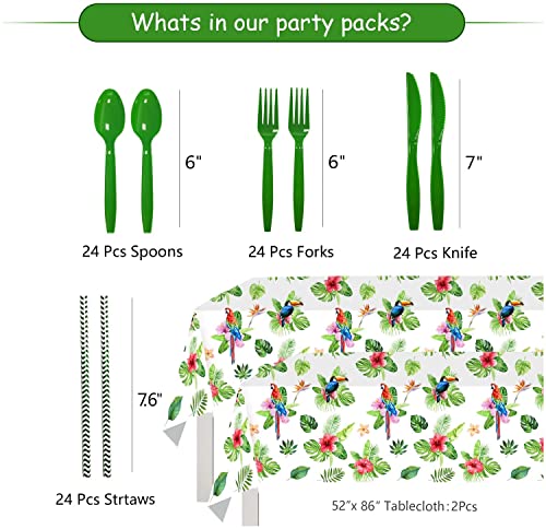 FVABO Hawaiian Luau Party Supplies Tableware - Aloha Tropical Party Dinnerware Include Plates, Cups, Napkins, Cutlery, Tablecloth, Straws, For Hawaiian Theme Birthday Party Decorations | Serves 24