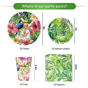 FVABO Hawaiian Luau Party Supplies Tableware - Aloha Tropical Party Dinnerware Include Plates, Cups, Napkins, Cutlery, Tablecloth, Straws, For Hawaiian Theme Birthday Party Decorations | Serves 24