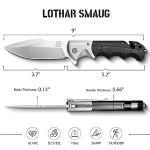 LOTHAR SMAUG Pocket Knife, 3.7 inch D2 Steel Folding Knife with Clip, Sharp Tactical Knife with G10 Handle, Glass Breaker, Pocket Knives for Men, Survival Knife Gift Ideas for Men Women