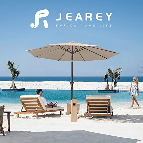 JEAREY 9FT Outdoor Patio Umbrella Outdoor Table Umbrella with Push Button Tilt and Crank, Market Umbrella 8 Sturdy Ribs UV Protection Waterproof for Garden, Deck, Backyard, Pool (Beige)