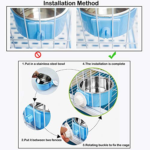 Mechpia 2 Pieces Crate Dog Bowl, Removable Stainless Steel Pet Kennel Hanging Food Water Feeder Bowl Cage Coop Cup for Puppy Medium Dog Cat Rabbit Ferret Bird (Blue,Green)