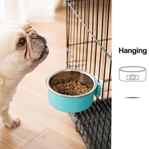 Mechpia 2 Pieces Crate Dog Bowl, Removable Stainless Steel Pet Kennel Hanging Food Water Feeder Bowl Cage Coop Cup for Puppy Medium Dog Cat Rabbit Ferret Bird (Blue,Green)