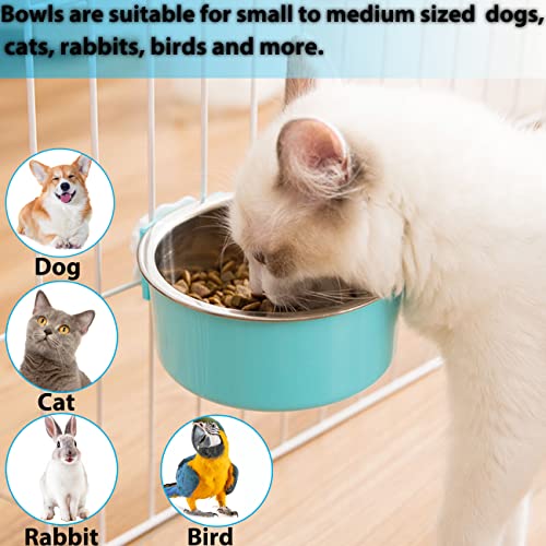 Mechpia 2 Pieces Crate Dog Bowl, Removable Stainless Steel Pet Kennel Hanging Food Water Feeder Bowl Cage Coop Cup for Puppy Medium Dog Cat Rabbit Ferret Bird (Blue,Green)