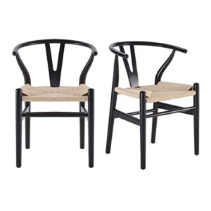 farini wishbone chairs for dining room solid wood rattan chair armchairs y shaped backrest hemp seat for home restaurant fully-assembled(set of 2,black-beige seat)