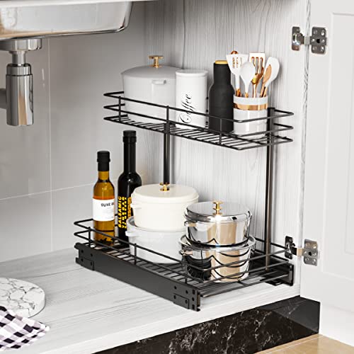 HOSUN Pull Out Under Sink Cabinet Organizer, 2 Tier Slide Wire Shelf Basket- 10.43W x 17.32D x 14.56H - Request at Least 12 inch Cabinet Opening, Perfect For Kitchen/vanity Under Sink Storage