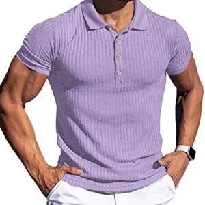 URRU Men's Muscle T Shirts Stretch Classic Ribbed Short Sleeve Casual Slim Fit Polo Golf Shirt Light Purple S