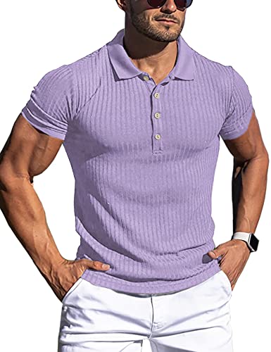 URRU Men's Muscle T Shirts Stretch Classic Ribbed Short Sleeve Casual Slim Fit Polo Golf Shirt Light Purple S