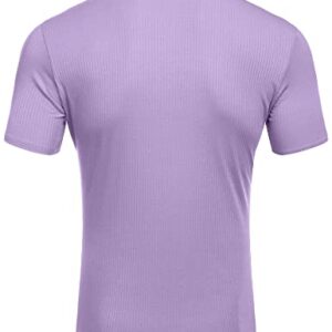 URRU Men's Muscle T Shirts Stretch Classic Ribbed Short Sleeve Casual Slim Fit Polo Golf Shirt Light Purple S