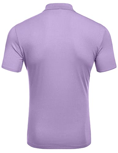 URRU Men's Muscle T Shirts Stretch Classic Ribbed Short Sleeve Casual Slim Fit Polo Golf Shirt Light Purple S