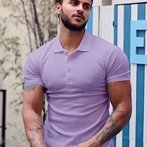 URRU Men's Muscle T Shirts Stretch Classic Ribbed Short Sleeve Casual Slim Fit Polo Golf Shirt Light Purple S