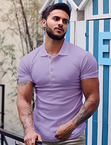 URRU Men's Muscle T Shirts Stretch Classic Ribbed Short Sleeve Casual Slim Fit Polo Golf Shirt Light Purple S