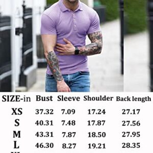 URRU Men's Muscle T Shirts Stretch Classic Ribbed Short Sleeve Casual Slim Fit Polo Golf Shirt Light Purple S