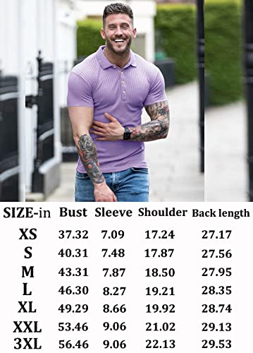 URRU Men's Muscle T Shirts Stretch Classic Ribbed Short Sleeve Casual Slim Fit Polo Golf Shirt Light Purple S