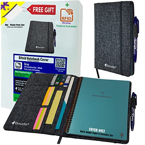 Gouda Bifold Portfolio Notebook Cover , Portfolio Organizer with Pen Loop , Large , Meduim and Small Pockets , Business Card Holder with RFID Blocking Feature , Ribbon Bookmark , Leather Water-resistante Fabric Case , for Smart Reusable Notebook Planner ,