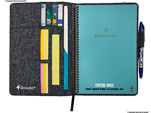 Gouda Bifold Portfolio Notebook Cover , Portfolio Organizer with Pen Loop , Large , Meduim and Small Pockets , Business Card Holder with RFID Blocking Feature , Ribbon Bookmark , Leather Water-resistante Fabric Case , for Smart Reusable Notebook Planner ,