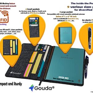 Gouda Bifold Portfolio Notebook Cover , Portfolio Organizer with Pen Loop , Large , Meduim and Small Pockets , Business Card Holder with RFID Blocking Feature , Ribbon Bookmark , Leather Water-resistante Fabric Case , for Smart Reusable Notebook Planner ,