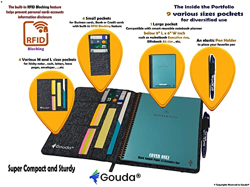 Gouda Bifold Portfolio Notebook Cover , Portfolio Organizer with Pen Loop , Large , Meduim and Small Pockets , Business Card Holder with RFID Blocking Feature , Ribbon Bookmark , Leather Water-resistante Fabric Case , for Smart Reusable Notebook Planner ,