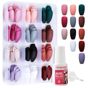 12 packs (288pcs) matte press on nails medium length, fandamei ballerina coffin acrylic short fake nails full cover with 10g nail tips glue, 12 color false nails for nail art diy