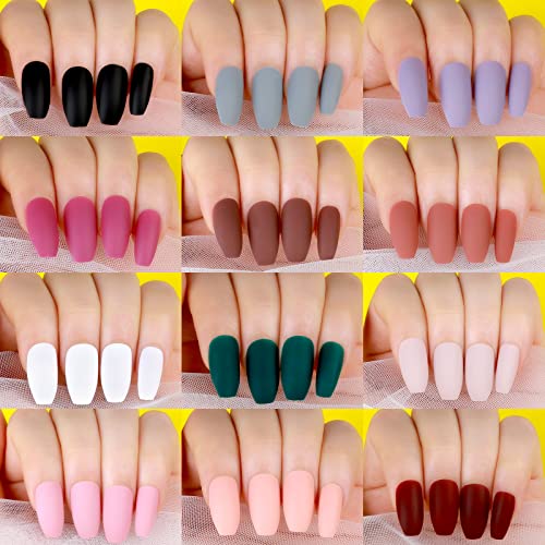 12 Packs (288PCS) Matte Press on Nails Medium Length, FANDAMEI Ballerina Coffin Acrylic Short Fake Nails Full Cover with 10g Nail Tips Glue, 12 Color False Nails for Nail Art DIY