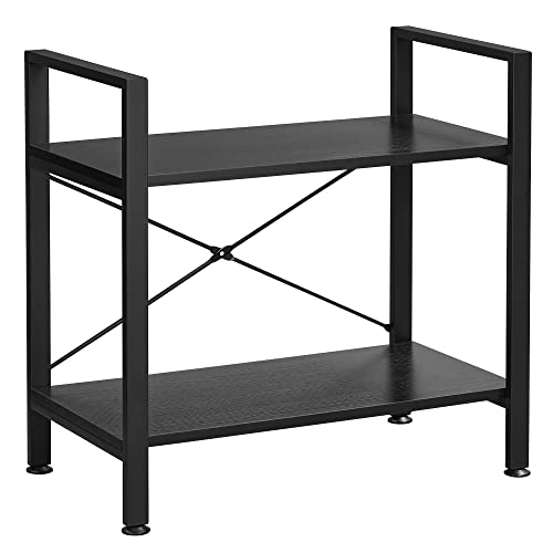 BEWISHOME 2 Tier Small Bookshelf, Black Industrial 2 Shelf Wooden Storage Bookcase with Metal Frame, Mini Shoe Rack with Short Shelves for Hallway, Bedroom, Living Room and Home Office JCJ52B