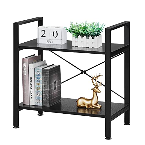 BEWISHOME 2 Tier Small Bookshelf, Black Industrial 2 Shelf Wooden Storage Bookcase with Metal Frame, Mini Shoe Rack with Short Shelves for Hallway, Bedroom, Living Room and Home Office JCJ52B