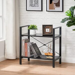 BEWISHOME 2 Tier Small Bookshelf, Black Industrial 2 Shelf Wooden Storage Bookcase with Metal Frame, Mini Shoe Rack with Short Shelves for Hallway, Bedroom, Living Room and Home Office JCJ52B