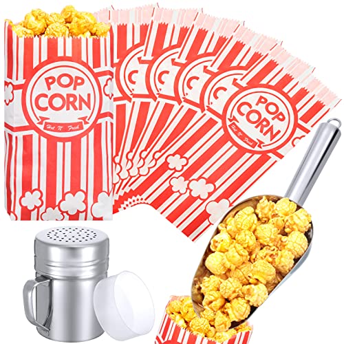 302 Pieces Popcorn Machine Supplies Bundle Includes Stainless Steel Popcorn Scoop, Popcorn Seasoning Dredge Shaker, 300 Pcs 1 oz Popcorn Bags for Home Kitchen Theater Movie Use