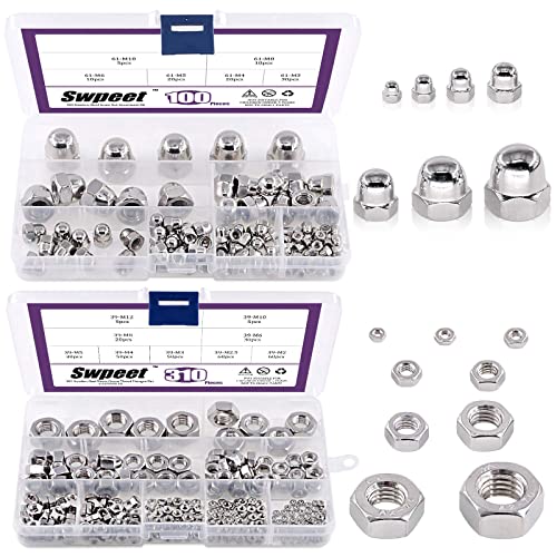 Swpeet 595Pcs 304 Stainless Steel Serrated Metric Acorn Cap Nuts Hex Dome Cap and Hex Nuts Assortment Kit