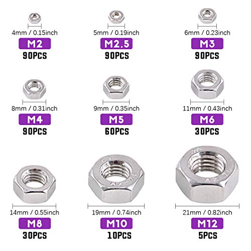 Swpeet 595Pcs 304 Stainless Steel Serrated Metric Acorn Cap Nuts Hex Dome Cap and Hex Nuts Assortment Kit