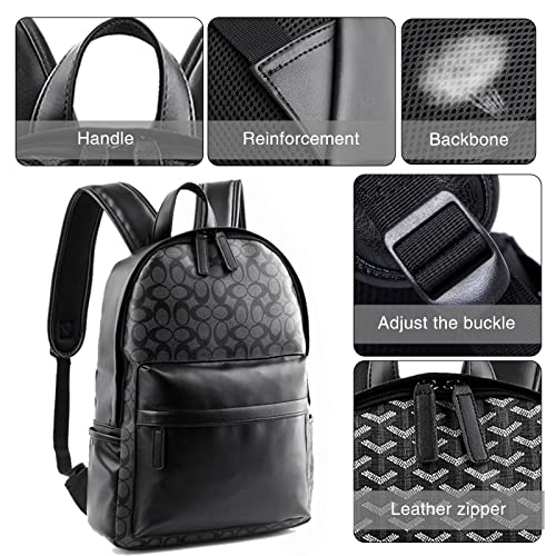 Leather Laptop Backpack for Men Women, School College Bookbag Casual Travel Daypack (Black)