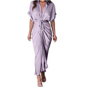 fzylqy women's elegant satin maxi dress short sleeves button down shirt long dress casual v neck loose prom dresses