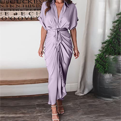 FZYLQY Women's Elegant Satin Maxi Dress Short Sleeves Button Down Shirt Long Dress Casual V Neck Loose Prom Dresses