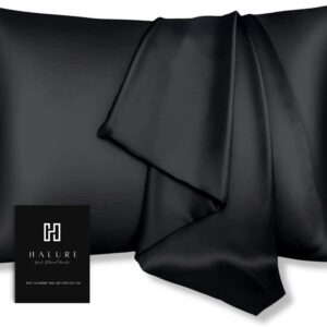 HALURE 100% Mulberry Silk Pillowcase for Hair and Skin, Queen Size Silk Pillowcase, 20" x 30", Soft Smooth and Hypoallergenic Cooling Pillow Cases with Envelope Closure, 1pc, Black