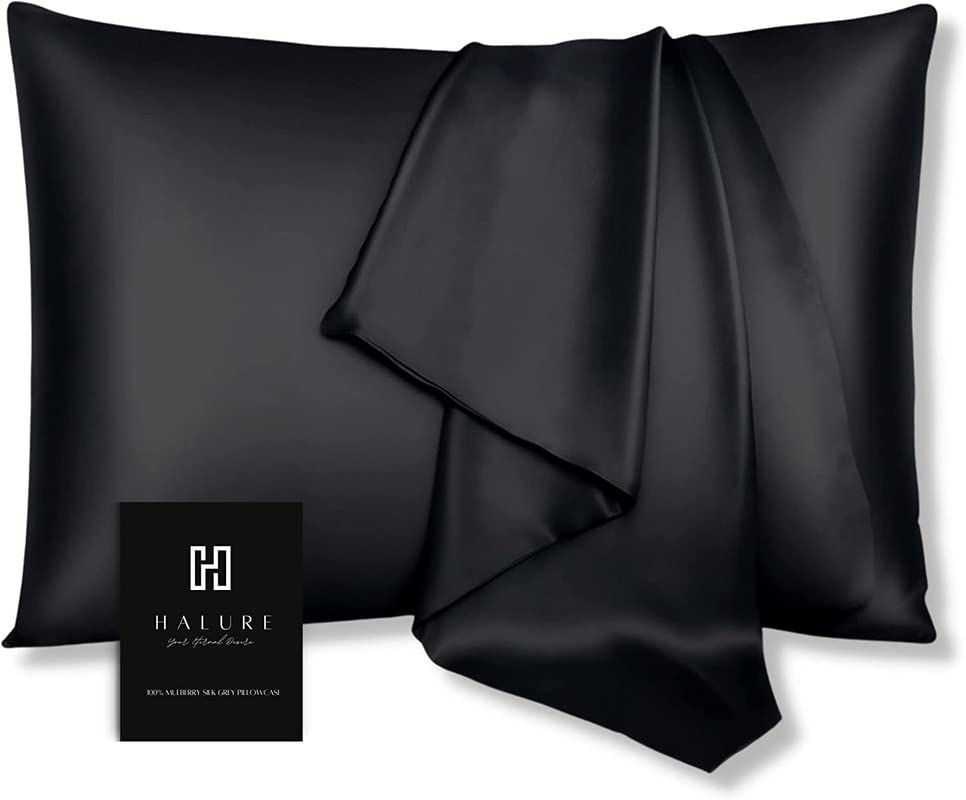 HALURE 100% Mulberry Silk Pillowcase for Hair and Skin, Queen Size Silk Pillowcase, 20" x 30", Soft Smooth and Hypoallergenic Cooling Pillow Cases with Envelope Closure, 1pc, Black