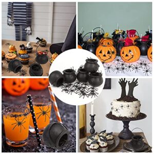 FOIMAS Mini Black Cauldron,6pcs Halloween Plastic Candy Kettle Bucket with 50pcs Spiders Decor for Halloween Trick or Treat Party Favor Home Decoration Supply