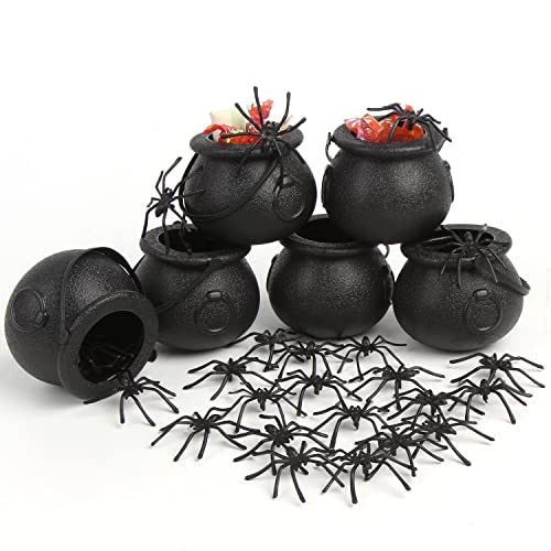 FOIMAS Mini Black Cauldron,6pcs Halloween Plastic Candy Kettle Bucket with 50pcs Spiders Decor for Halloween Trick or Treat Party Favor Home Decoration Supply