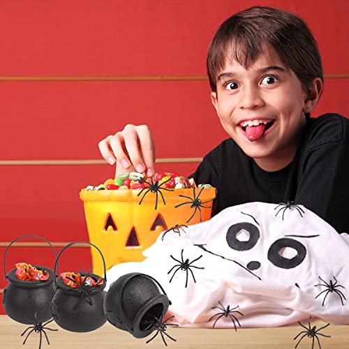 FOIMAS Mini Black Cauldron,6pcs Halloween Plastic Candy Kettle Bucket with 50pcs Spiders Decor for Halloween Trick or Treat Party Favor Home Decoration Supply